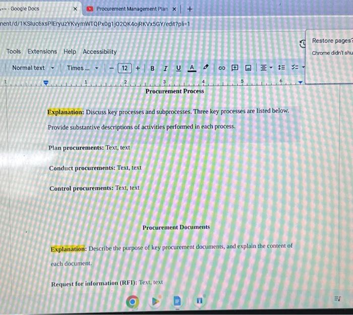 Solved == - Google Docs X Procurement Management Plan x + | Chegg.com