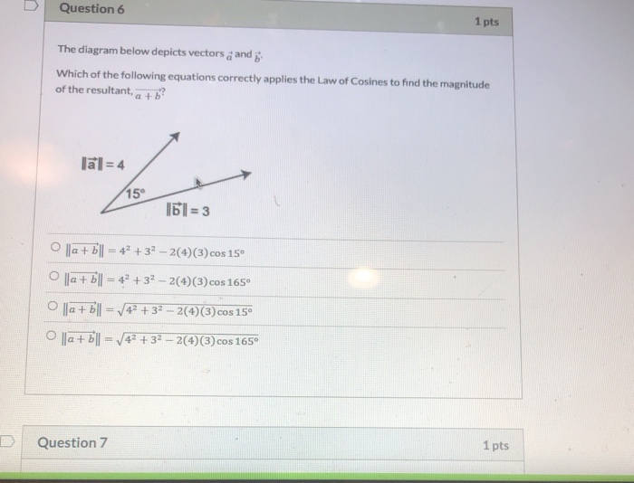 Solved Question 6 1 pts The diagram below depicts vectors , | Chegg.com