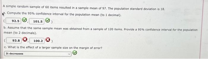 Solved A simple random sample of 60 items resulted in a | Chegg.com