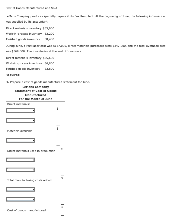 Solved Cost of Goods Manufactured and SoldLeMans Company | Chegg.com