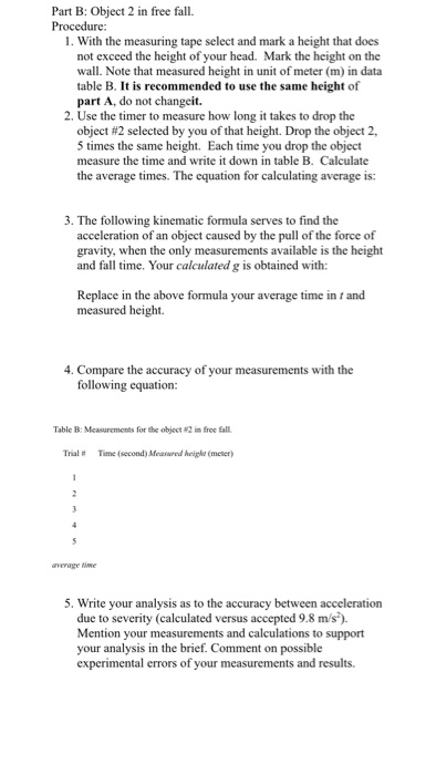 Solved Part A Object 1 In Free Fall Procedure 1 It Is 9281