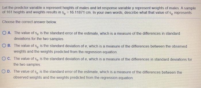 Solved Let the predictor variable x represent heights of | Chegg.com
