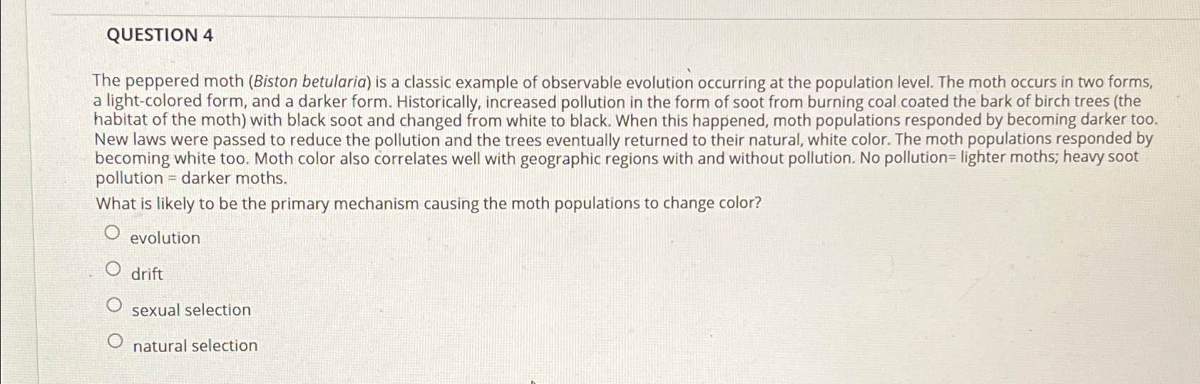 Solved QUESTION 4The peppered moth (Biston betularia) ﻿is a | Chegg.com