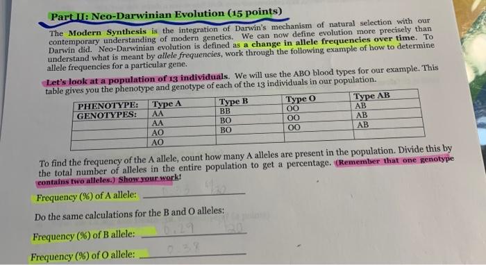 Solved Part II: Neo-Darwinian Evolution (15 points) The | Chegg.com