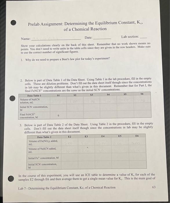 Solved Prelab Assignment: Determining the Equilibrium | Chegg.com