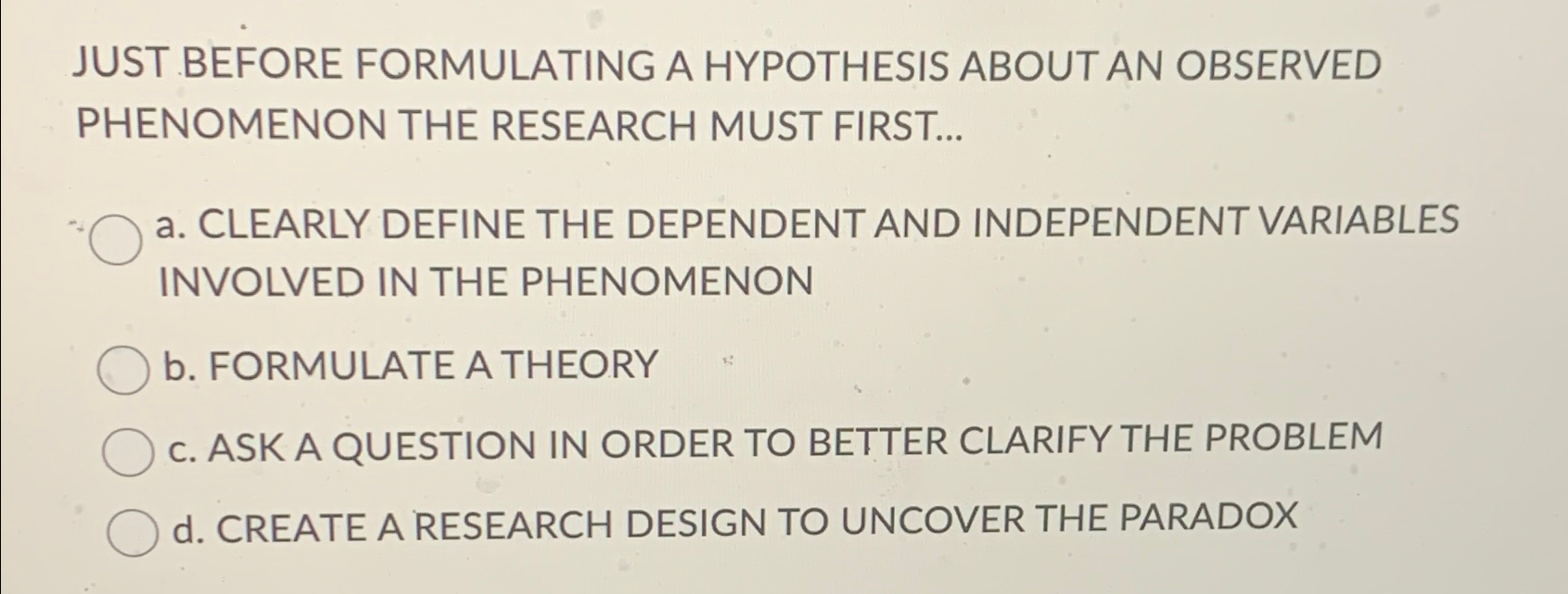 Solved JUST BEFORE FORMULATING A HYPOTHESIS ABOUT AN | Chegg.com