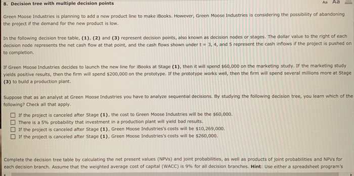 Solved 8. Decision tree with multiple decision points Aa Aa | Chegg.com