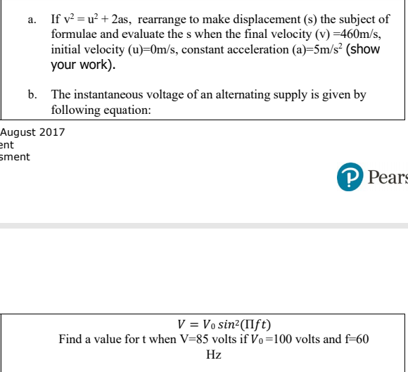 Solved a. If v2 = u? + 2as, rearrange to make displacement | Chegg.com