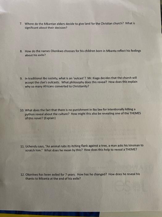 Things Fall Apart: Part Two Close Reading worksheet | Chegg.com