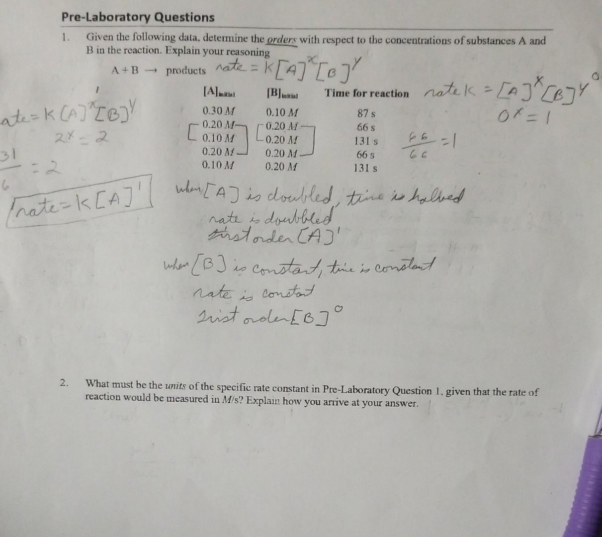 Solved Pre-Laboratory Questions 1. Given the following data, | Chegg.com