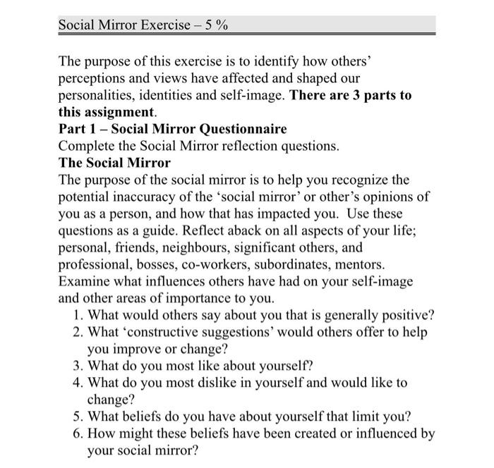 Solved Social Mirror Exercise - 5% The purpose of this | Chegg.com
