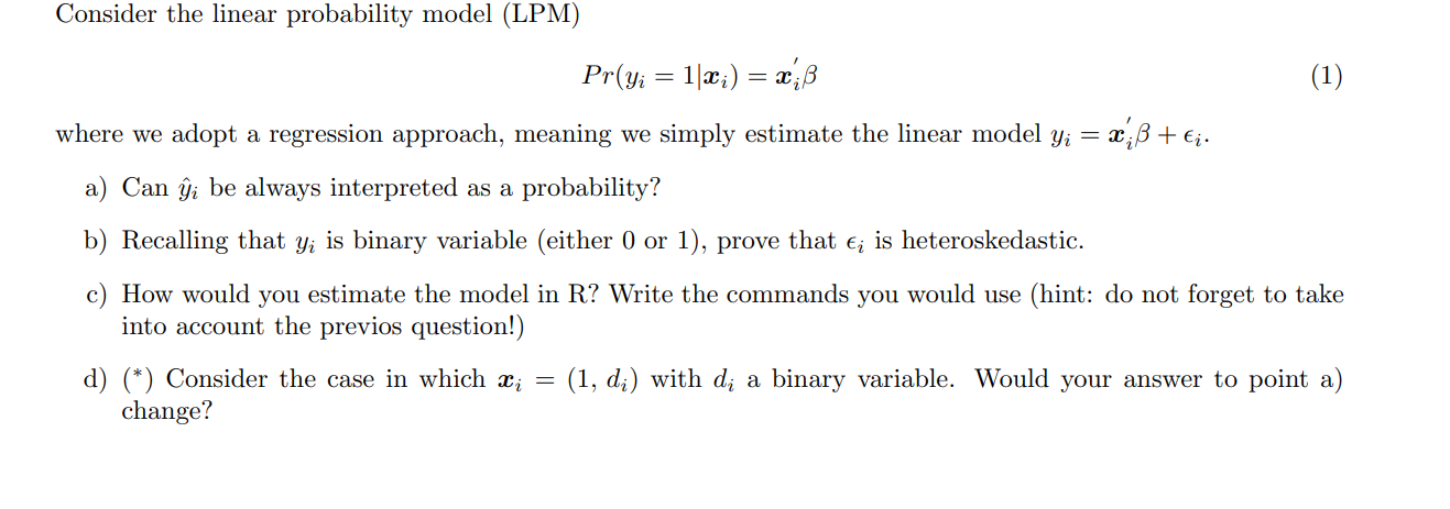 Solved Consider the linear probability model | Chegg.com