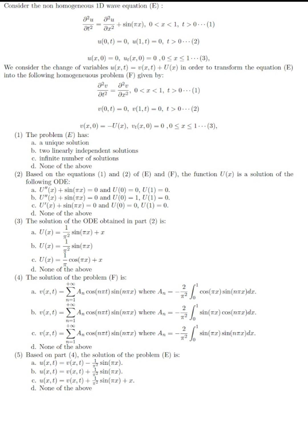 Solved Consider the non homogeneous 1D wave equation (E) : | Chegg.com