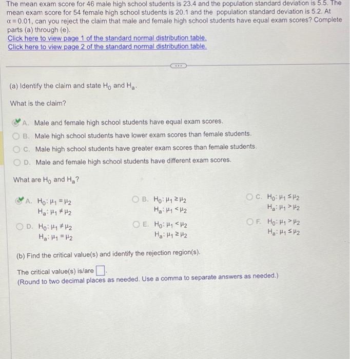 Solved The mean exam score for 46 male high school students | Chegg.com