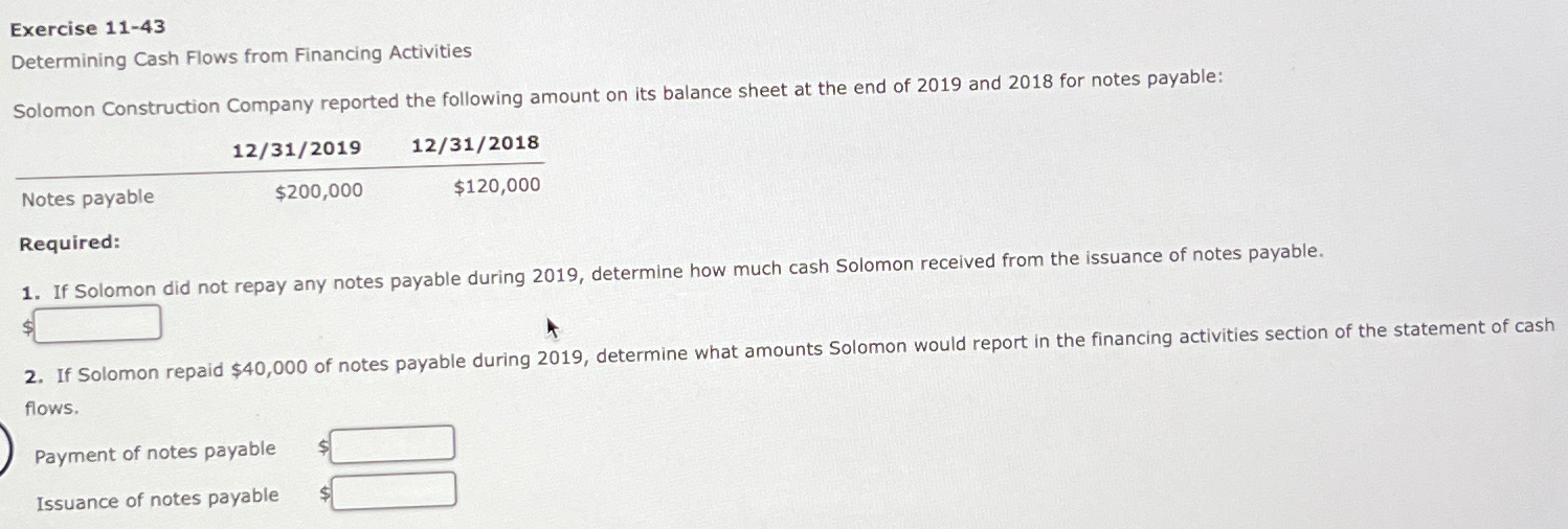 Solved Exercise 11-43Determining Cash Flows from Financing | Chegg.com