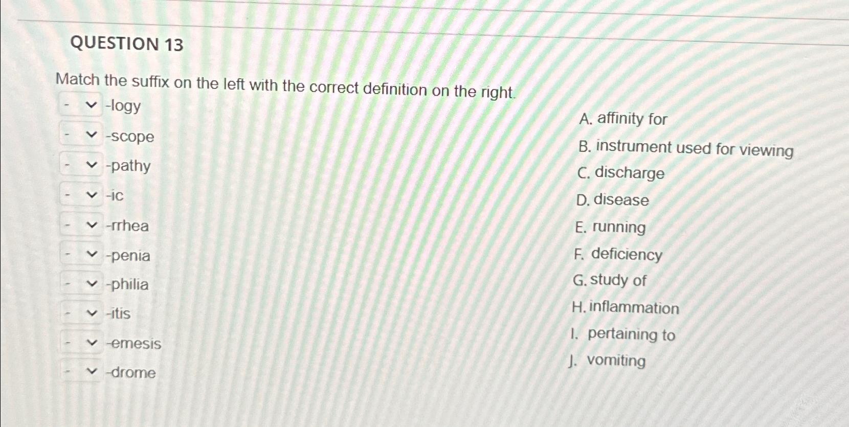 Solved QUESTION 13Match the suffix on the left with the | Chegg.com