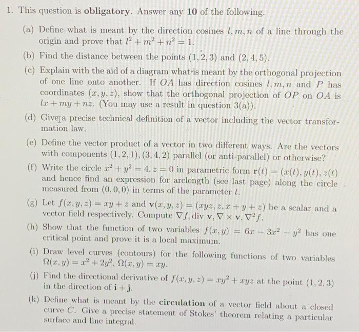 Solved 1. This question is obligatory. Answer any 10 of the | Chegg.com