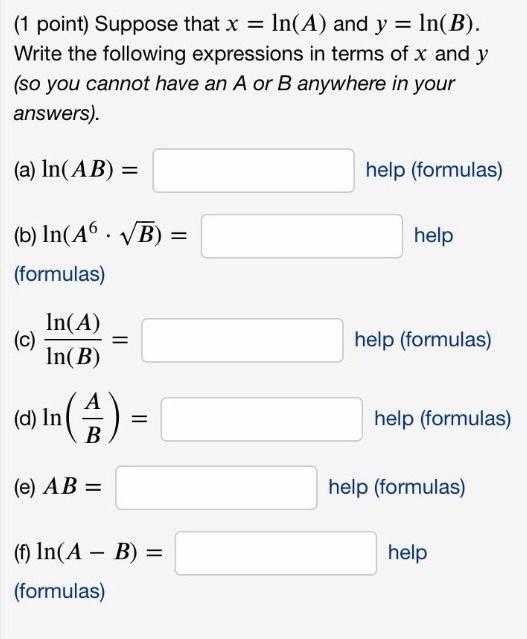 Solved (1 point) Suppose that x = ln(A) and y = ln(B). In | Chegg.com