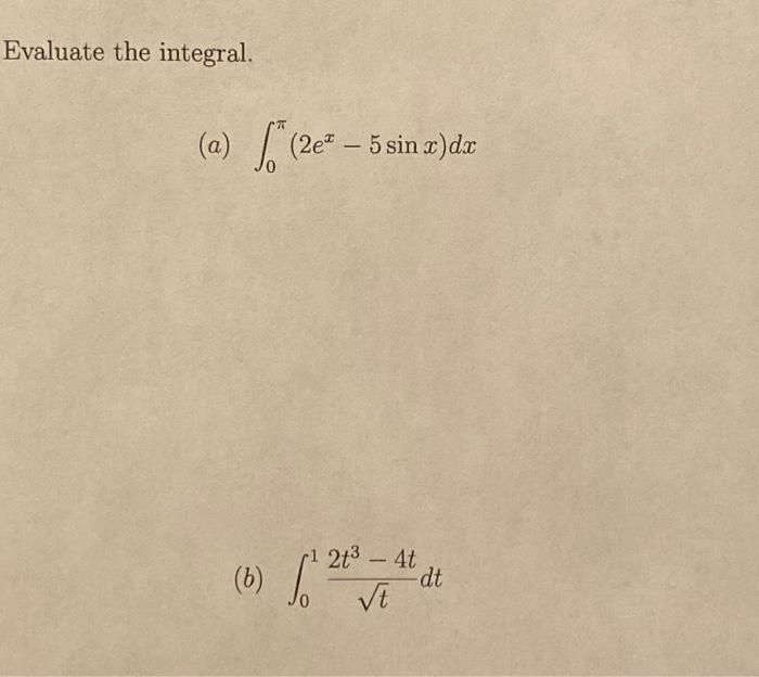 Solved Evaluate the integral. (a) ∫0π(2ex−5sinx)dx (b) | Chegg.com