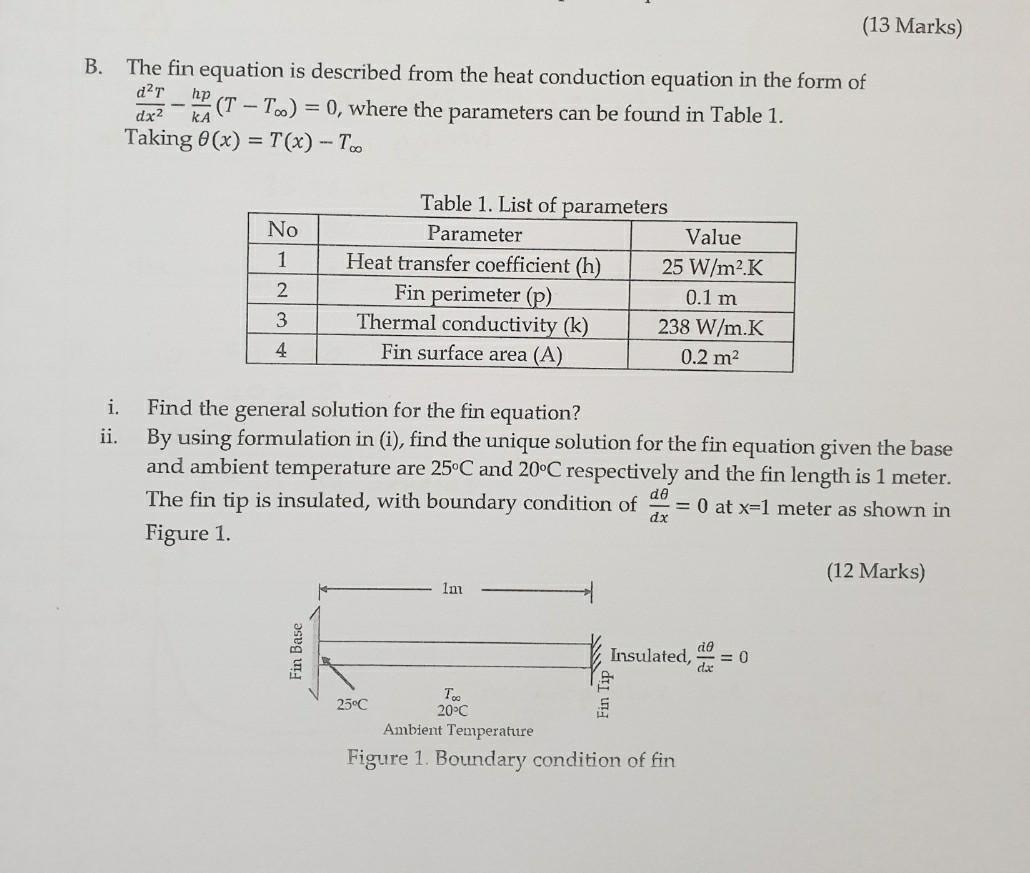 Solved (13 Marks) B. The fin equation is described from the | Chegg.com