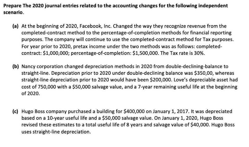 Solved Prepare The 2020 journal entries related to the | Chegg.com