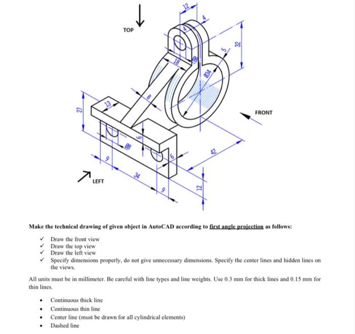 Solved V TOP FRONT 34 Tu LEFT Make the technical drawing of | Chegg.com