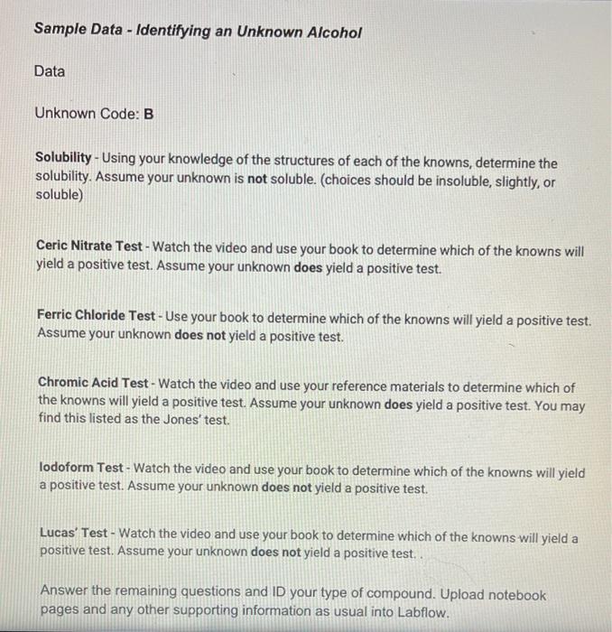 Solved Sample Data - Identifying an Unknown Alcohol Data | Chegg.com