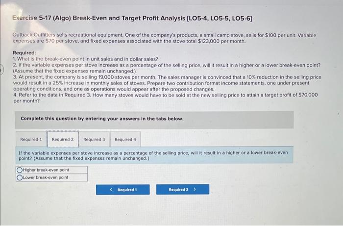 Solved Exercise 5-17 (Algo) Break-Even and Target Profit | Chegg.com
