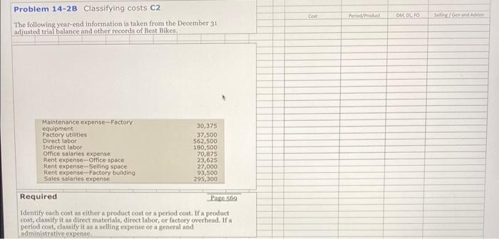 Solved Problem 14-2B Classifying costs C2 The following | Chegg.com