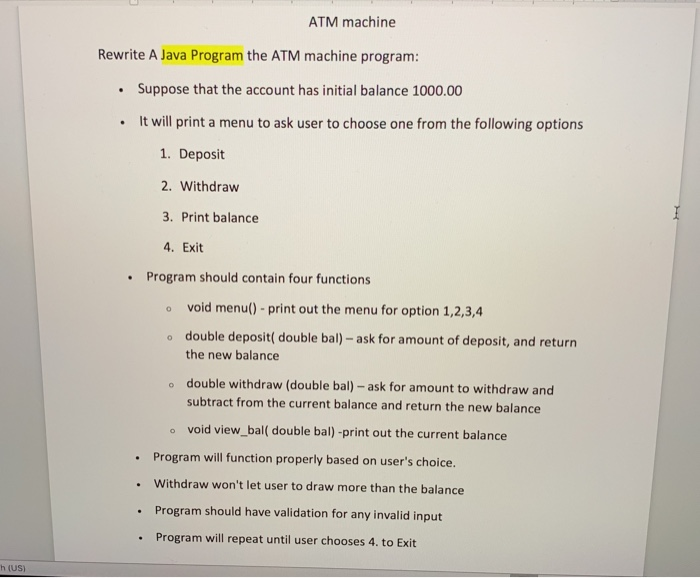 Solved ATM machine Rewrite A Java Program the ATM machine | Chegg.com