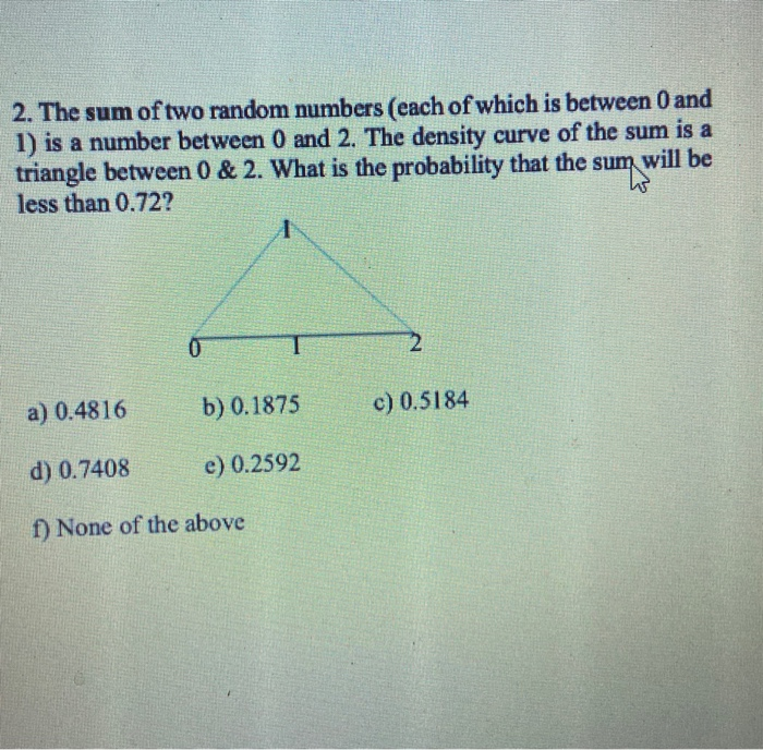 Solved 2 The Sum Of Two Random Numbers Each Of Which Is 