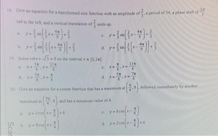 Solved 18. Give an equation for a transformed sine function | Chegg.com