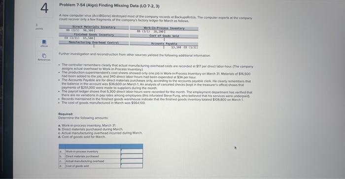 Probiem 7.54 (Algo) Finding Missing Data (LO 7.2, 3) | Chegg.com