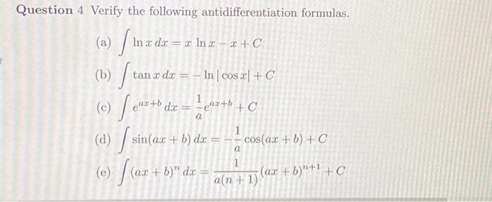 Solved Question 4 Verify the following antidifferentiation | Chegg.com