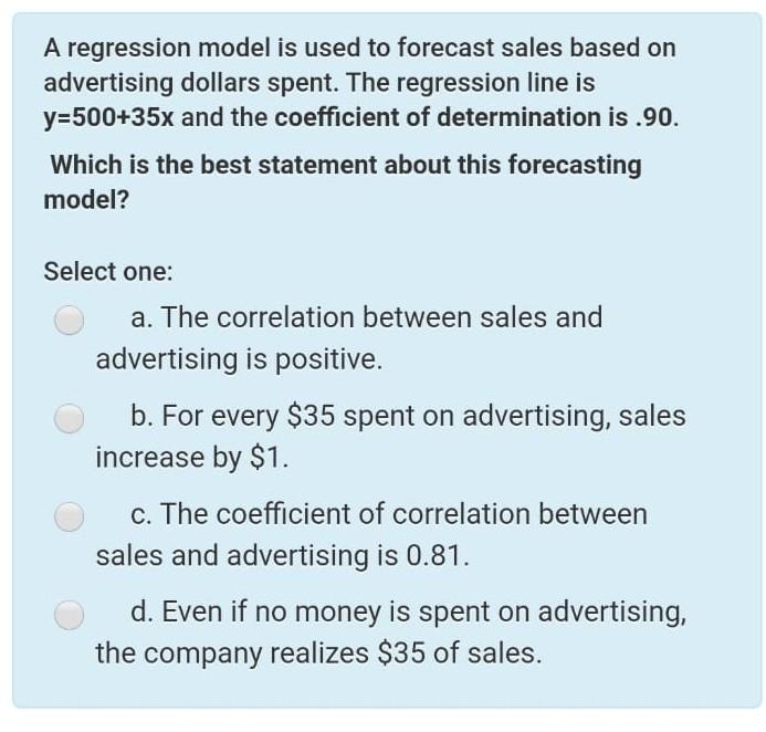 Solved A regression model is used to forecast sales based on | Chegg.com