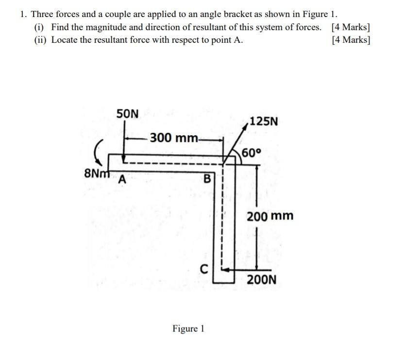 Solved 1. Three forces and a couple are applied to an angle | Chegg.com