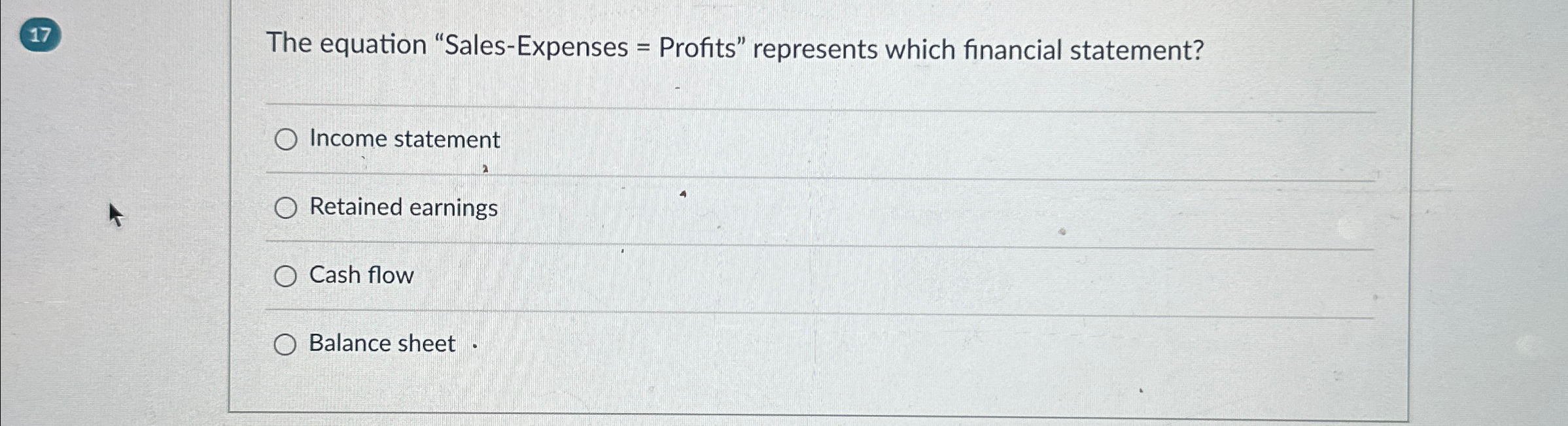 Solved 17The equation "Sales-Expenses = ﻿Profits" represents | Chegg.com