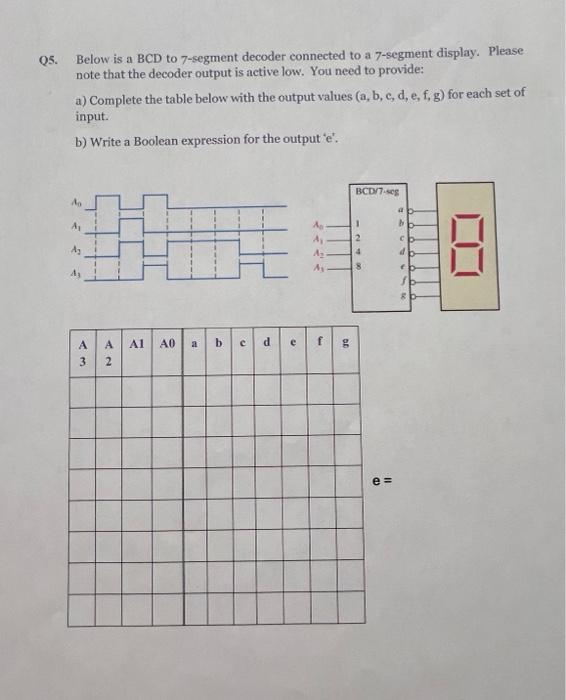 Q5. Below is a BCD to 7-segment decoder connected to | Chegg.com