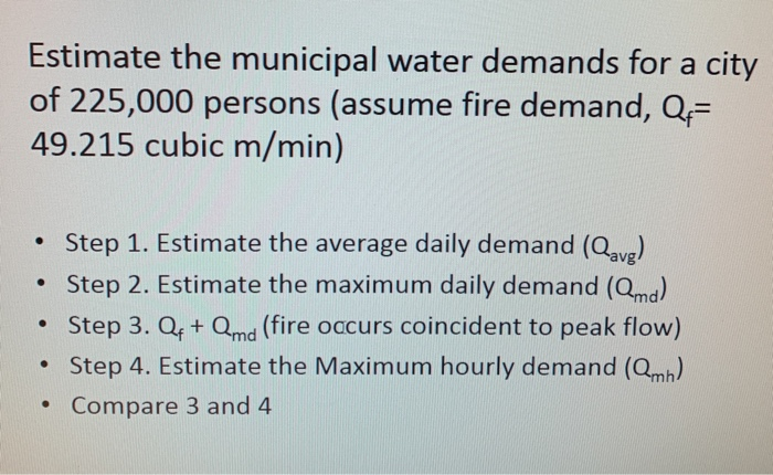 Solved Estimate the municipal water demands for a city of | Chegg.com