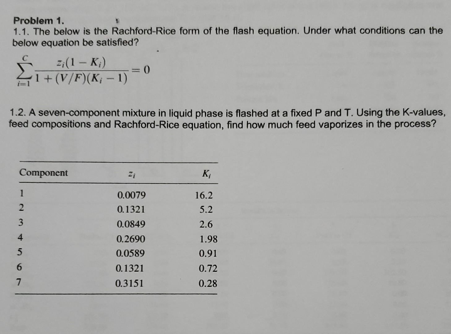 Solved Problem 1. 1.1. The below is the Rachford-Rice form | Chegg.com