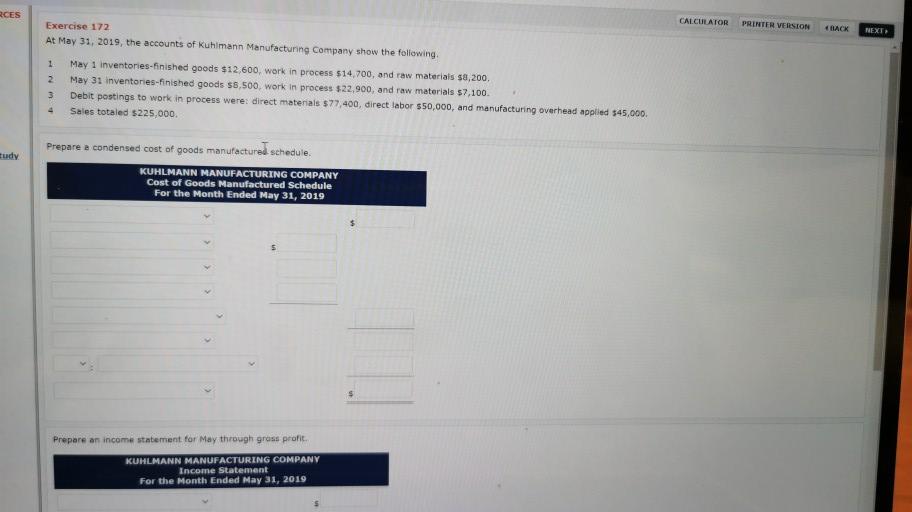 Solved RCES CALCULATOR PRINTER VERSION BACK Exercise 172 At | Chegg.com