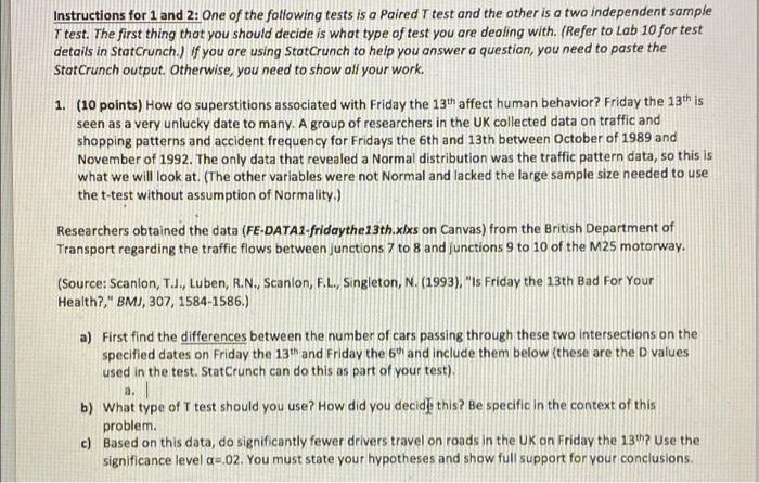 Instructions for 1 and 2: One of the following tests | Chegg.com