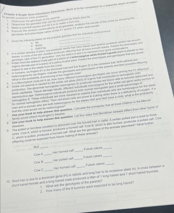 Solved Chapter 4.single Gene inheritance-Directions: Work is | Chegg.com