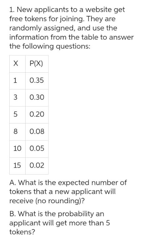 Solved 1. New applicants to a website get free tokens for | Chegg.com