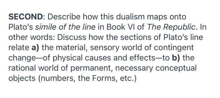 SECOND: Describe how this dualism maps onto Plato's | Chegg.com