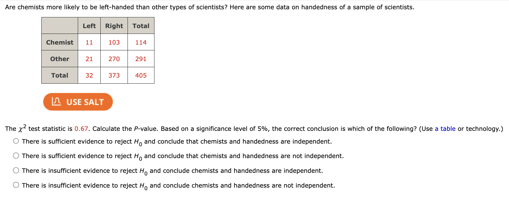 Solved Are chemists more likely to be left-handed than other | Chegg.com