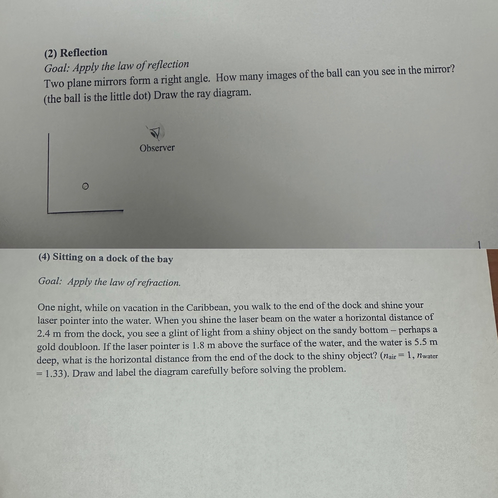 Solved (2) ﻿ReflectionGoal: Apply the law of reflectionTwo | Chegg.com