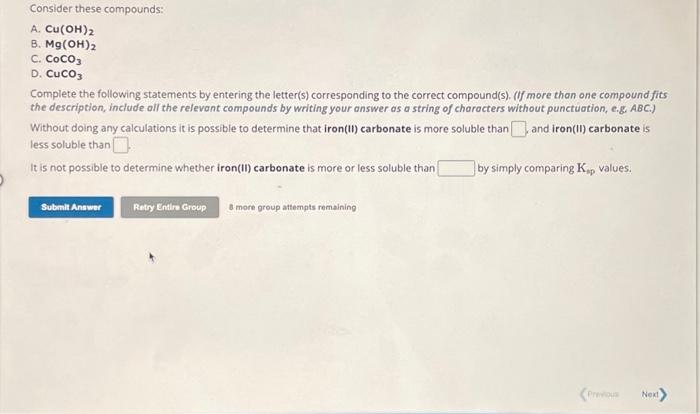 Solved B. Mg(OH)2 C. CoCO3 D. CuCO3 Complete the following | Chegg.com