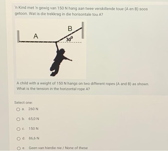 Solved 'n Kind met 'n gewig van 150 N hang aan twee | Chegg.com