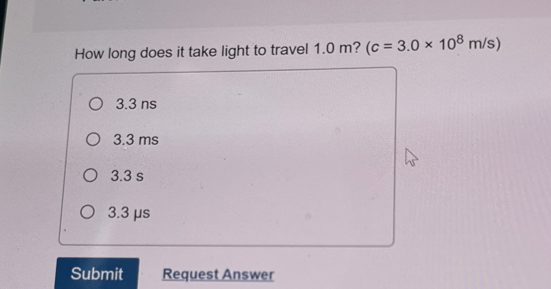 Solved How long does it take light to travel )=(3.0×108ms3.3 | Chegg.com